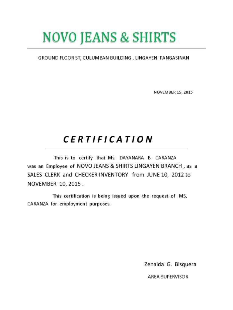Novo Jeans & Shirts: Certification | PDF
