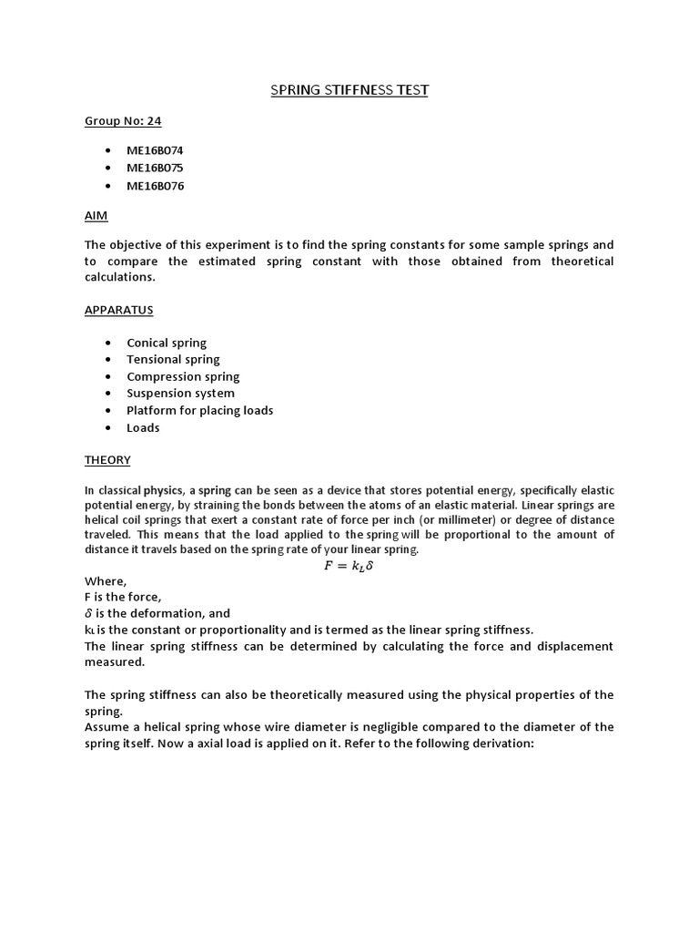 G - Spring Stiffness Test | PDF | Continuum Mechanics | Applied And ...