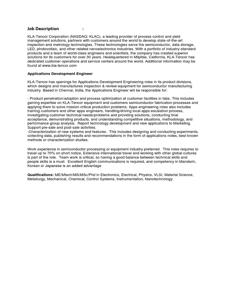 KLA Tencor - Applications Development Engineer | PDF | Engineer ...