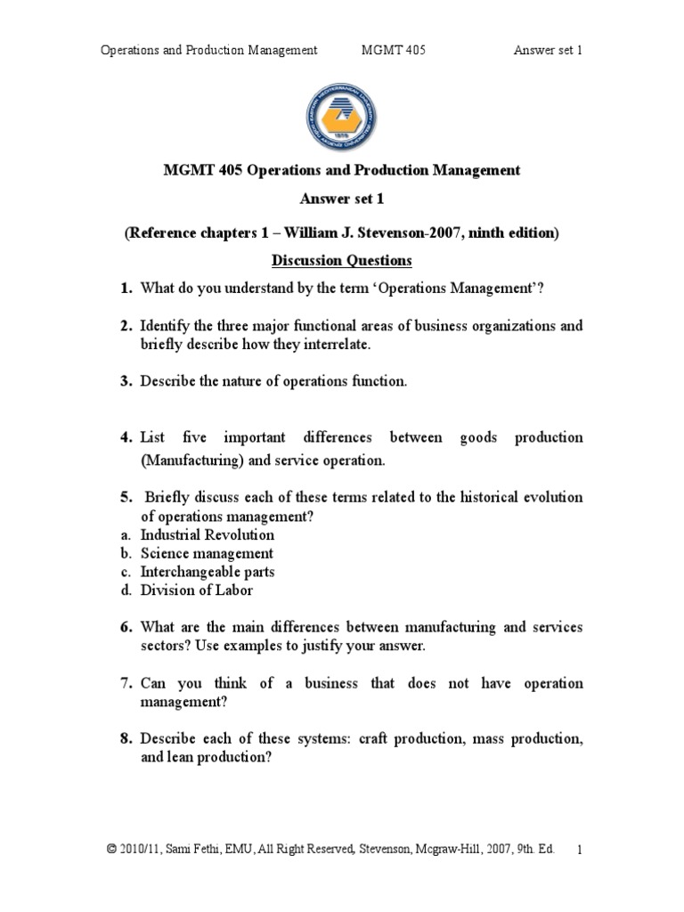 Operations and Production Management MGMT 405 Answer Set 1 | PDF ...