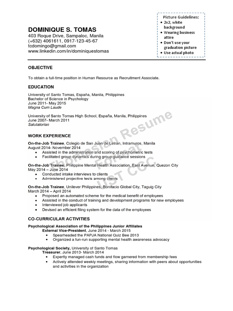 Sample Thomasian Resume | Manila | Behavioural Sciences