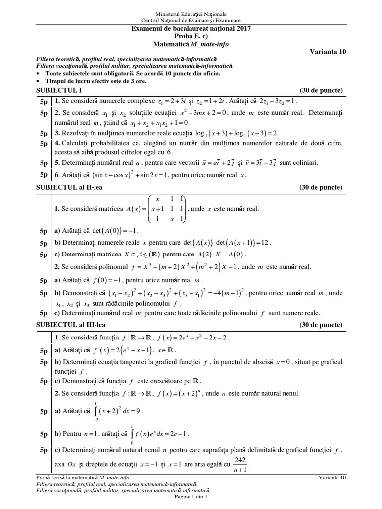 10 Varianta Oficială BAC Matematica Mate-Info (23 Aug 2017) PDF | PDF