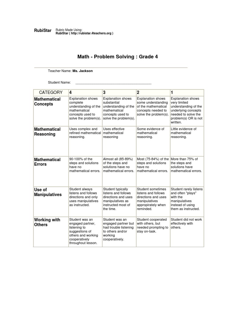 Math - Problem Solving: Grade 4: Rubistar | PDF | Reason | Teaching Mathematics