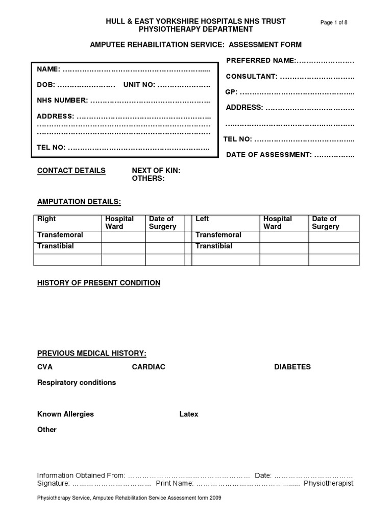 Amputee Rehabilitation Assessment Form | PDF | Wheelchair | Physical ...