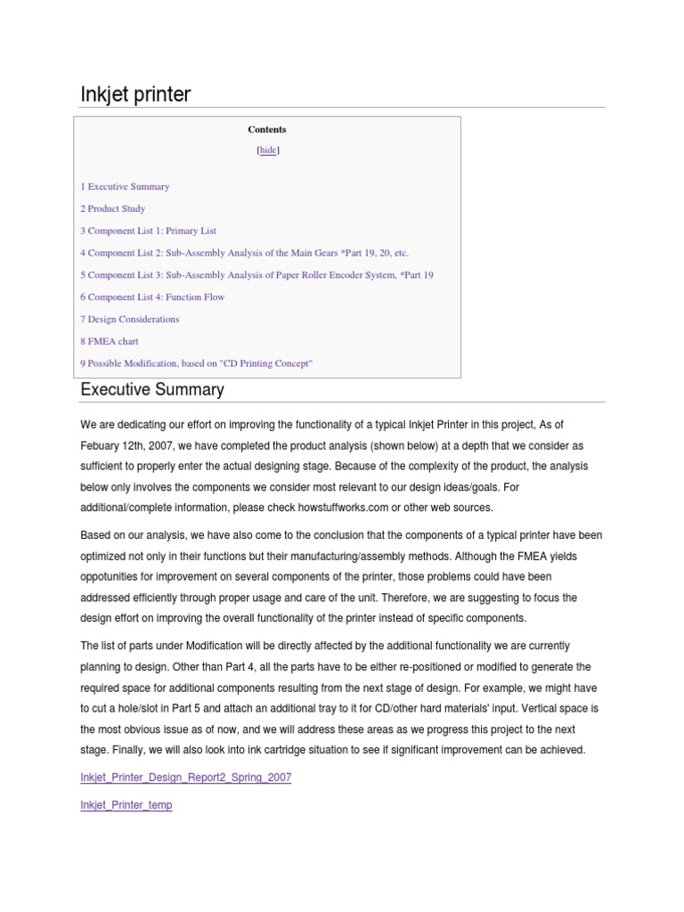 Inkjet Printer Design Report | PDF | Printer (Computing) | Printing