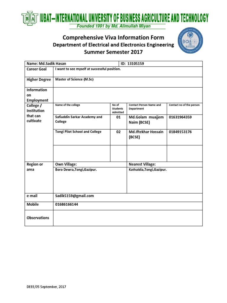 Comprehensive Viva Information Form | PDF | Science | Titles