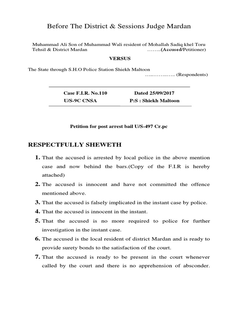 Before The District & Sessions Judge Mardan: Respectfully Sheweth 1 | PDF