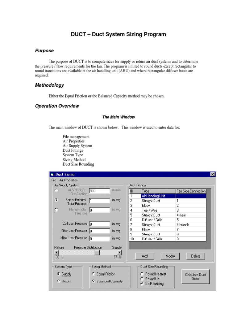 DUCT - Duct System Sizing Program: Purpose | PDF | Duct (Flow) | Computing