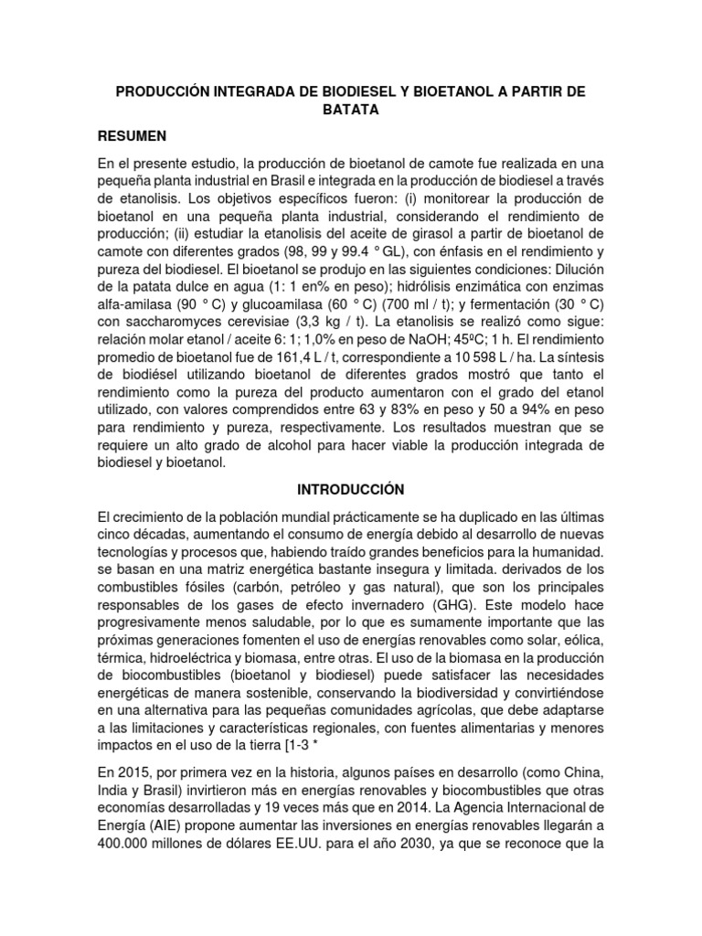 Producción Integrada de Biodiesel y Bioetanol A Partir de Batata | PDF ...