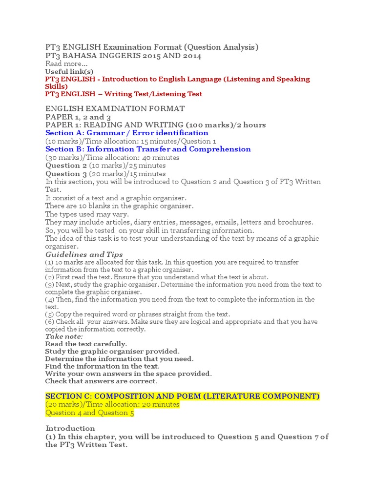 PT3 ENGLISH Examination Format | PDF | Poetry | Verb