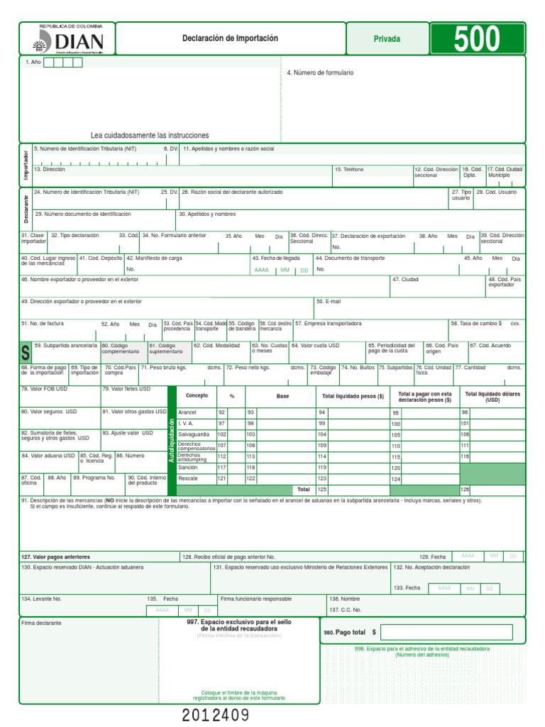Colombian DIAN-DIM 500 Form | PDF | aduana | Comercio