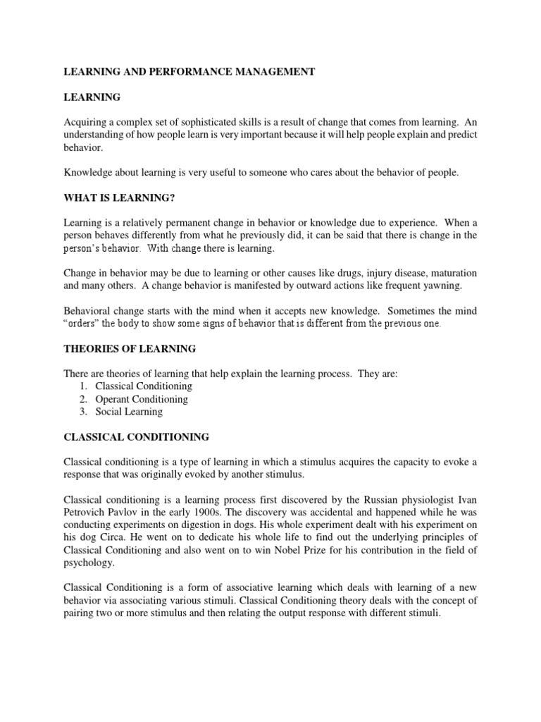 Learning and Performance Management | PDF | Classical Conditioning ...