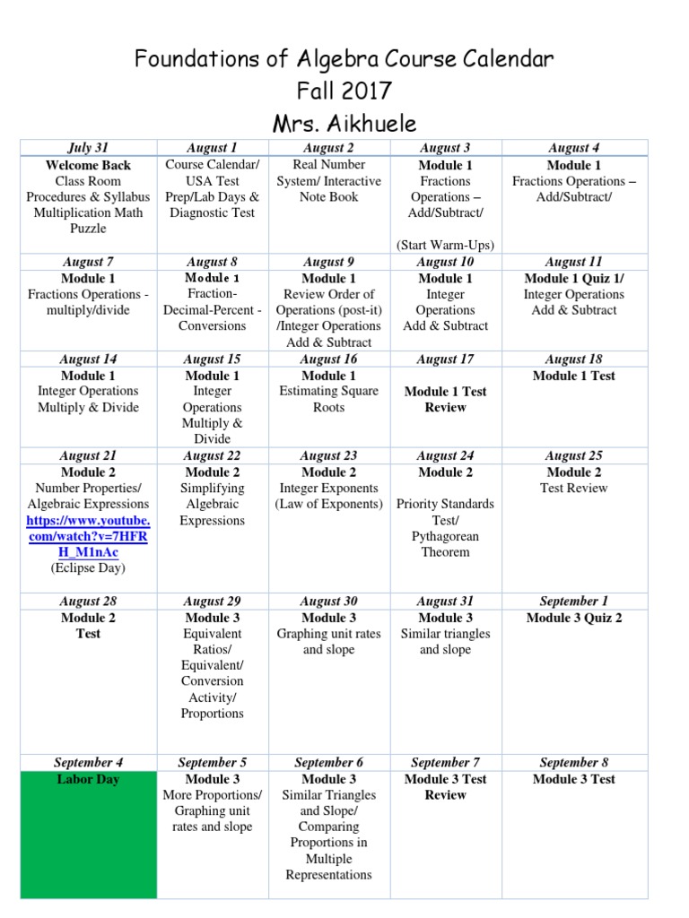 Foundations of Algebra Course Calendar | PDF | Polynomial | Variable ...