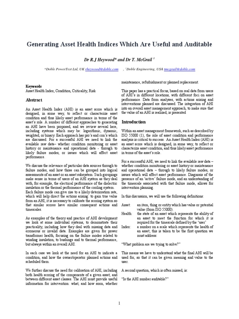 Generating Asset Health Indiceswhichareboth Usefuland Auditable | PDF ...