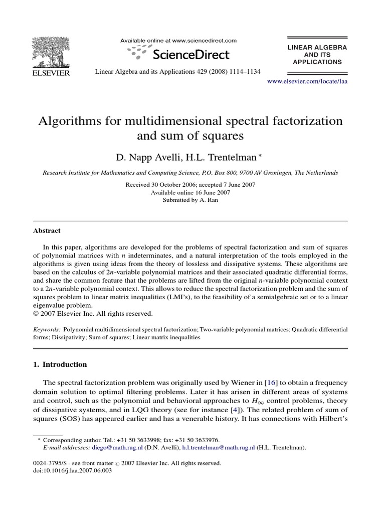Algorithms For Multidimensional Spectral Factorization And Sum Of Squares Pdf Factorization