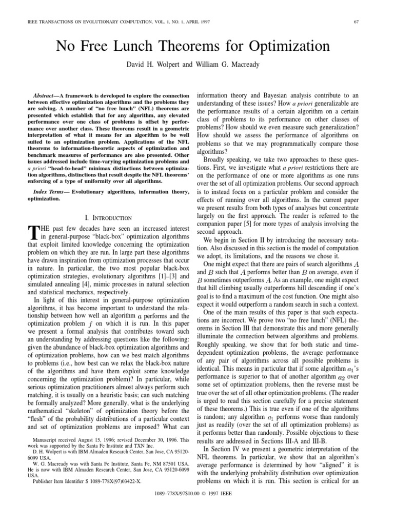 No Free Lunch Theorems For Optimization: David H. Wolpert and William G ...