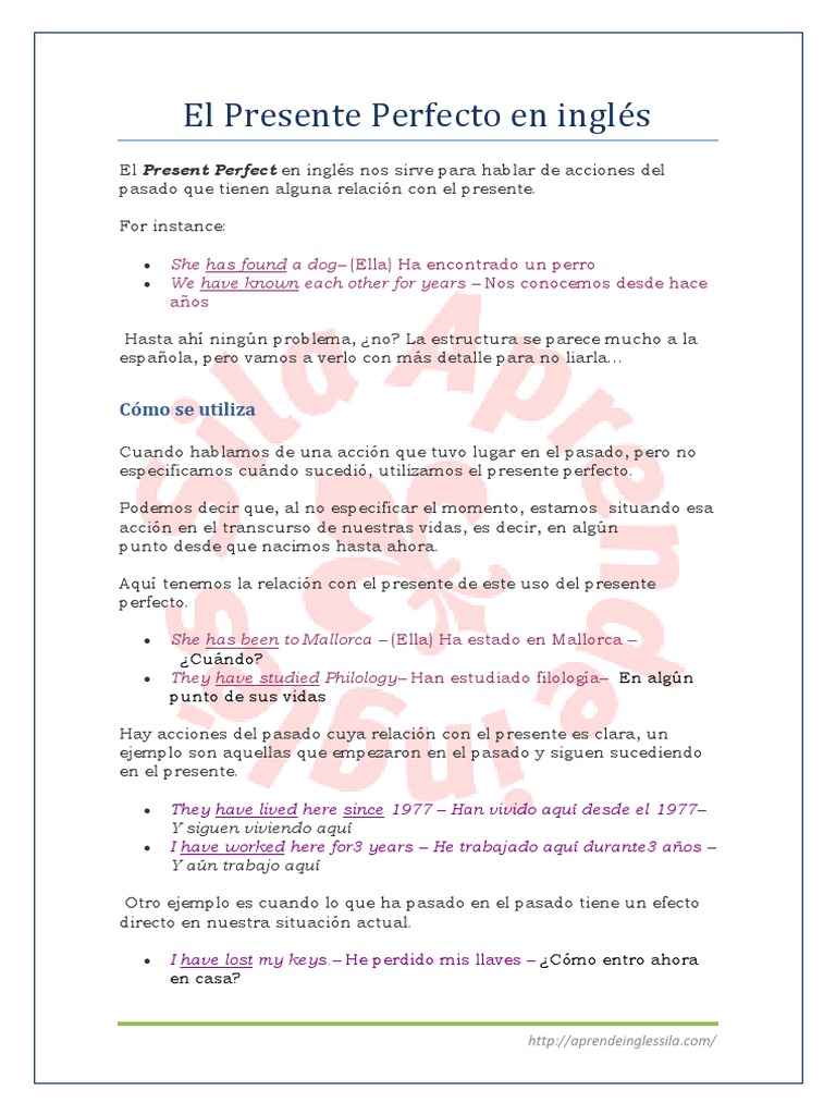 Uso y formación del Presente Perfecto en inglés | PDF