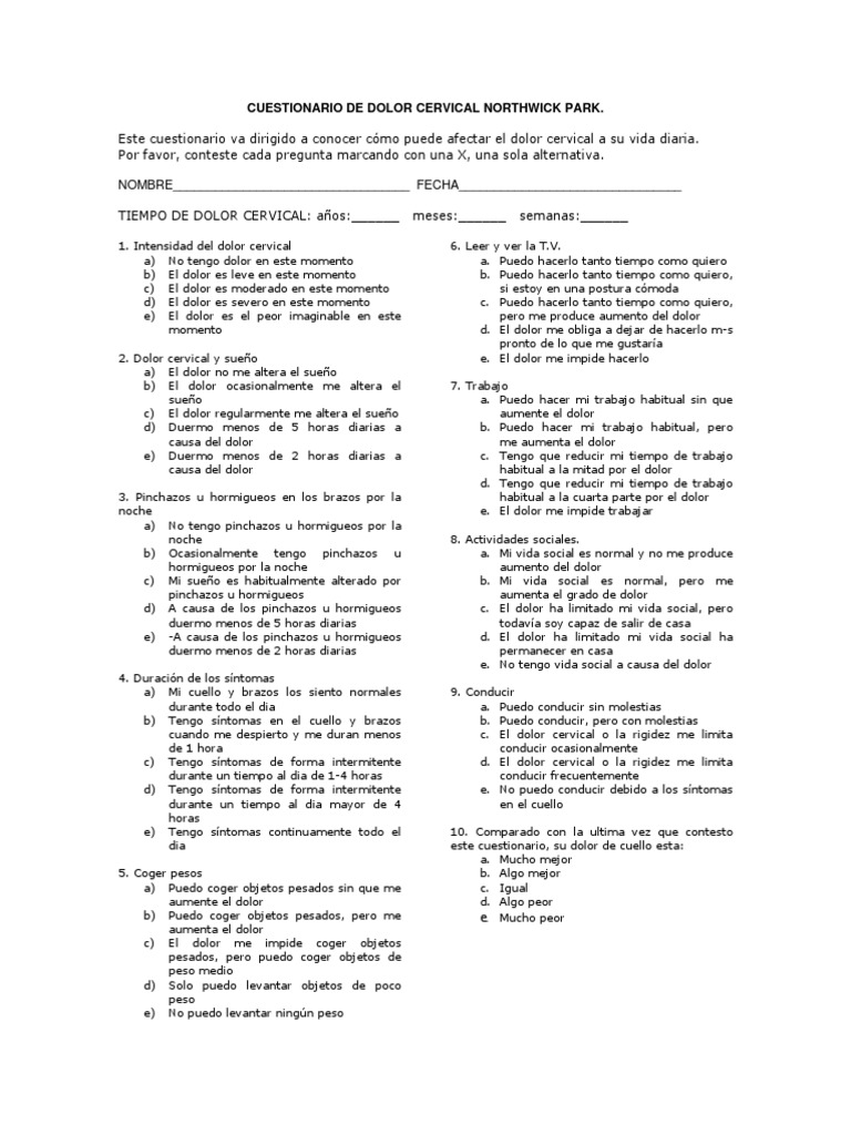 Cuestionario Northwick Park de Dolor Cervical | PDF | Rodilla | Tobillo