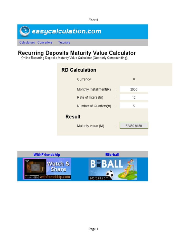 Recurring Deposits Maturity Value Calculator: RD Calculation | PDF