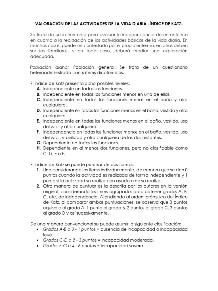 Escala - Katz y Barthel | Bienestar | Medicina
