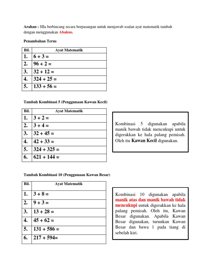 Latihan Penambahan dengan Abakus | PDF | Metode & Bahan Ajar