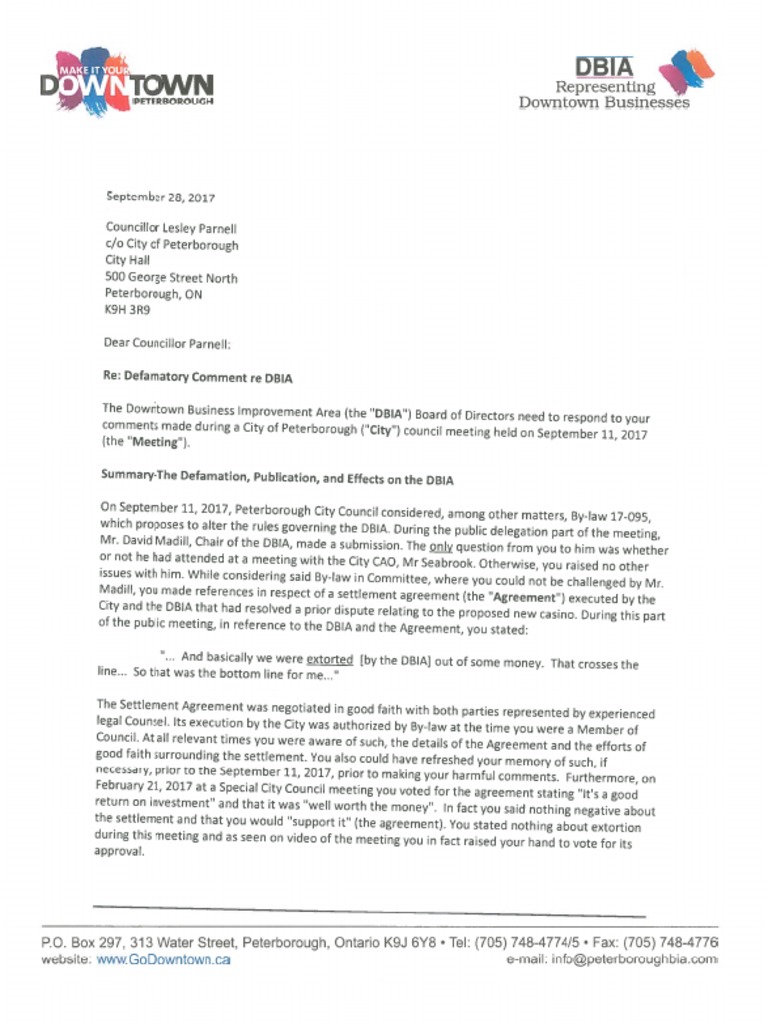 Original Letter From Peterborough DBIA Chairman Dave Madill To Coun ...