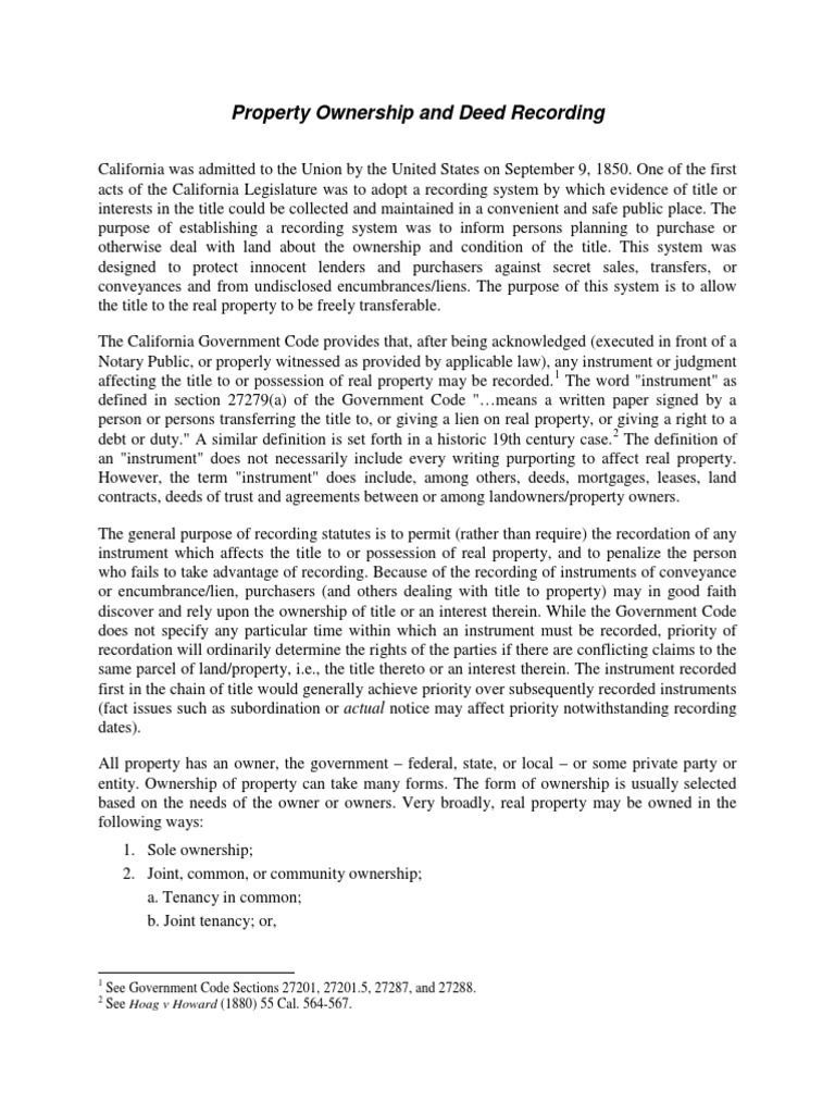 Property Ownership and Deed Recording | PDF | Concurrent Estate | Deed