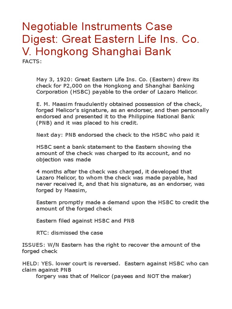 Negotiable Instruments Case Digest - Great Eastern Life Ins. Co. v ...