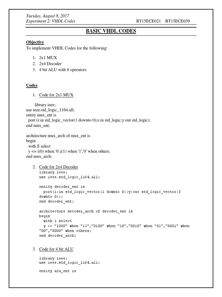 Implementing Basic VHDL Codes for a 2x1 Multiplexer, 2x4 Decoder, and 4-Bit ALU | PDF