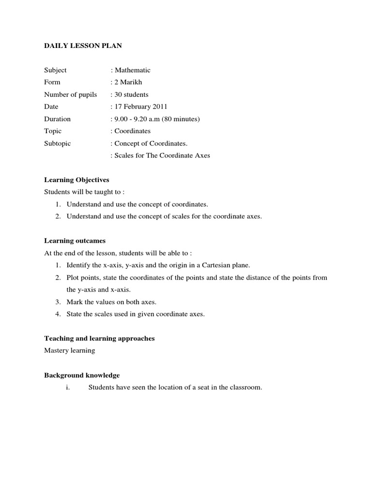 Coordinates - Lesson Plan | PDF | Cartesian Coordinate System | Lesson Plan