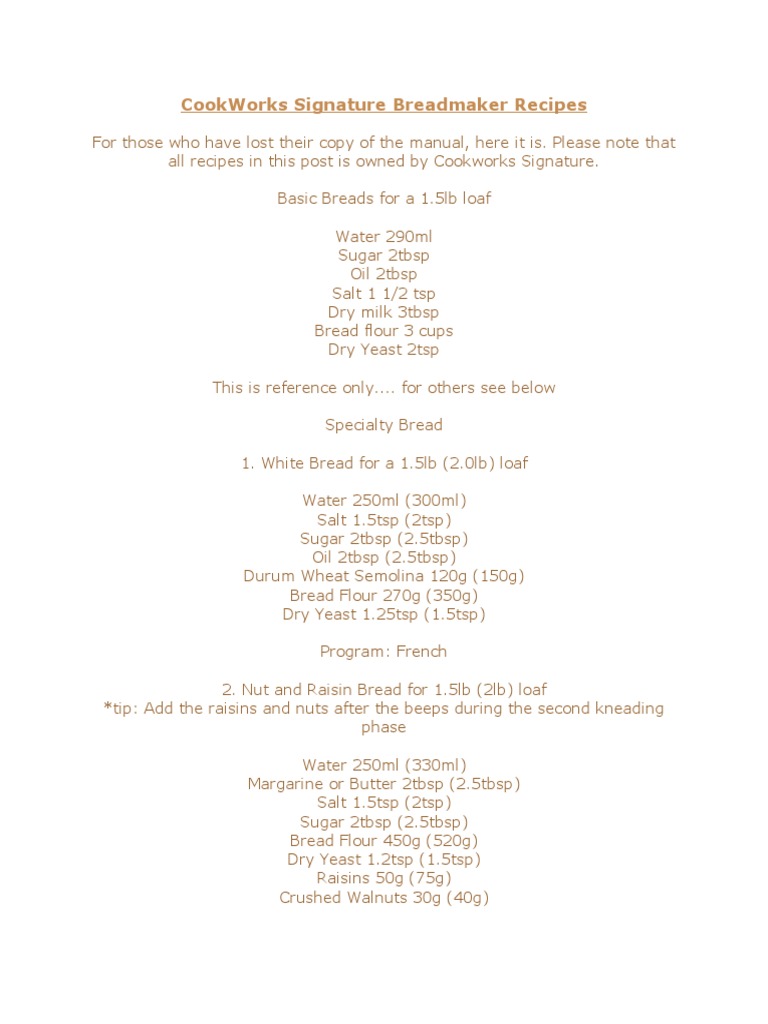 CookWorks Signature Breadmaker Recipes | PDF | Baker's Yeast | Breads