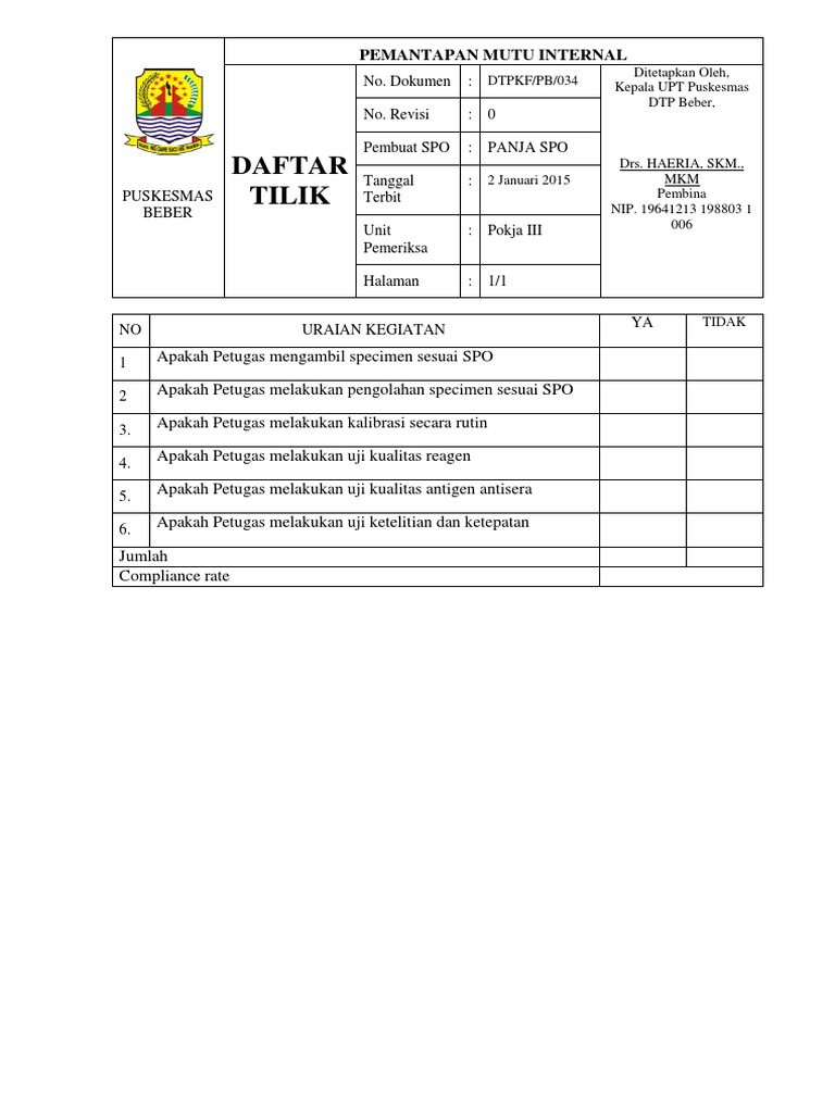 Daftar Tilik Pemantapan Mutu Internal | PDF