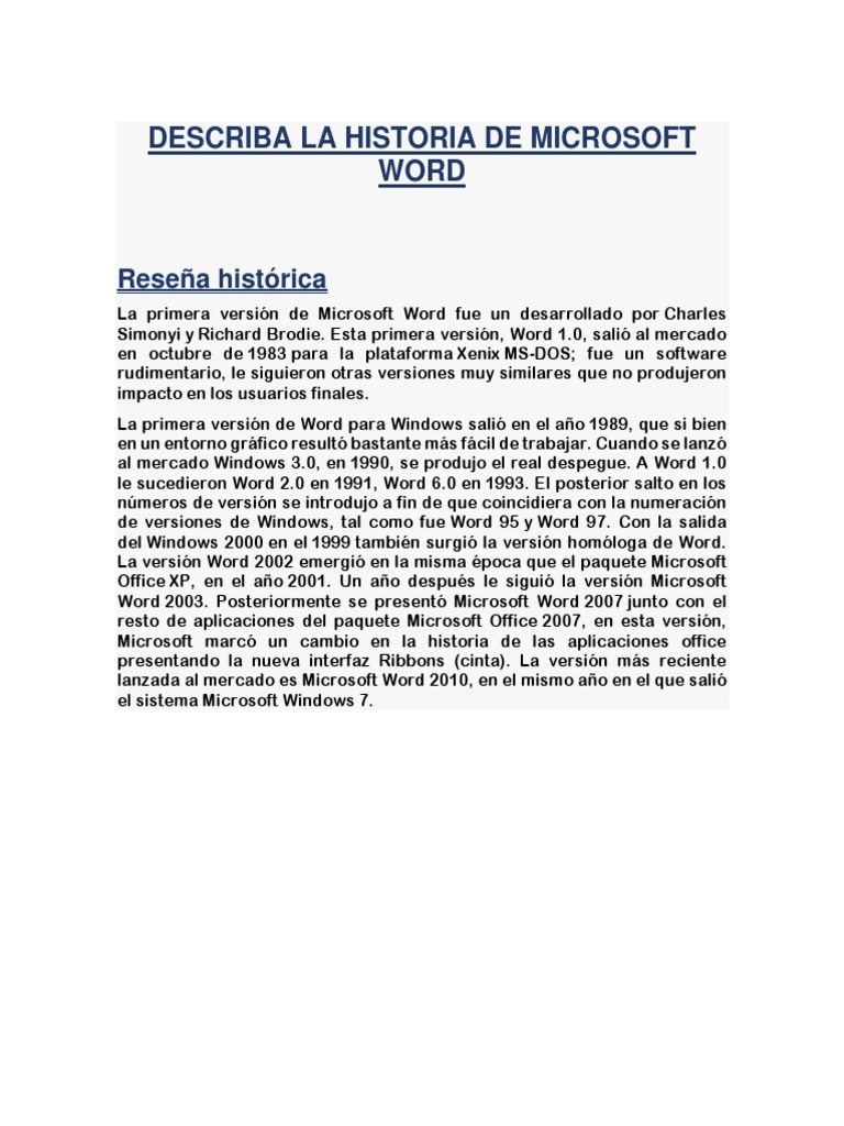 La Historia de Microsoft Word y Sus Beneficios | PDF | Microsoft Word ...