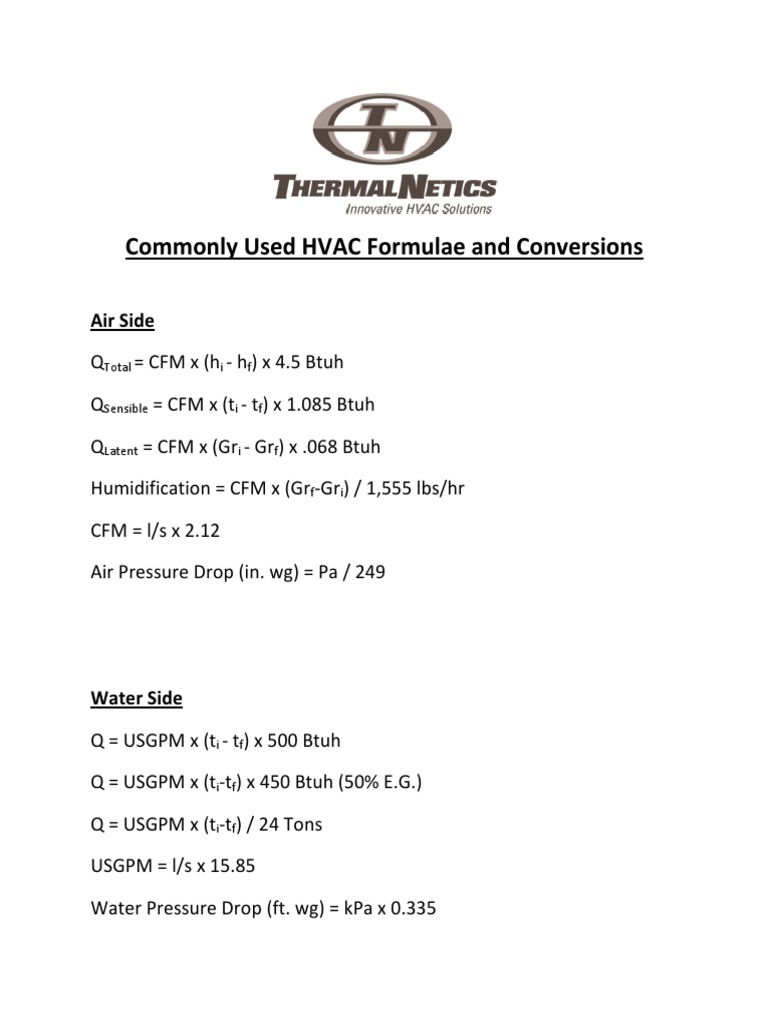 Commonly Used HVAC Formulae and Conversions: Air Side | Download Free ...