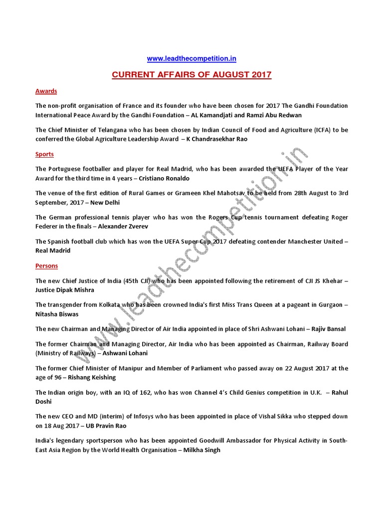 August 2017 Current Affairs | PDF | Sports | Business