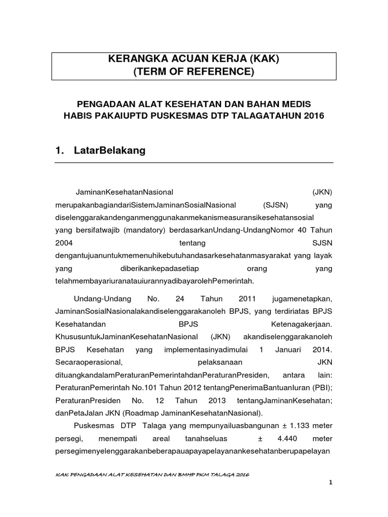 Contoh, Kak Alkes Dan BMHP 2016, PKM Talaga | PDF