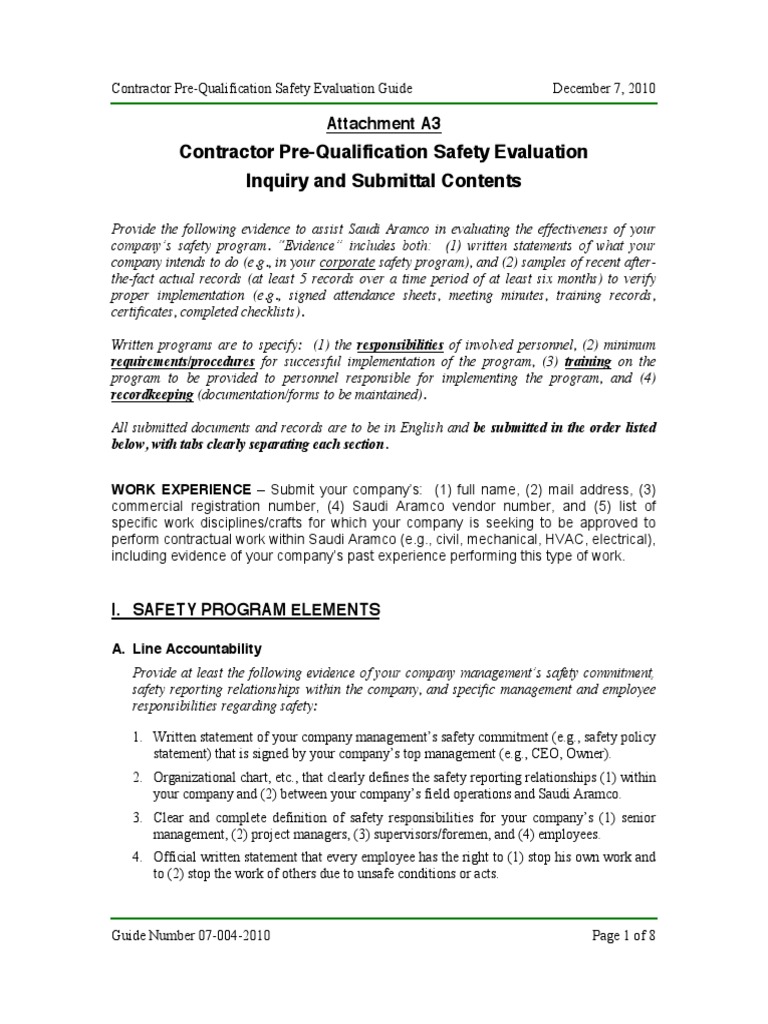 Attachment A3 Contractor Pre-Qualification Safety Evaluation Inquiry ...