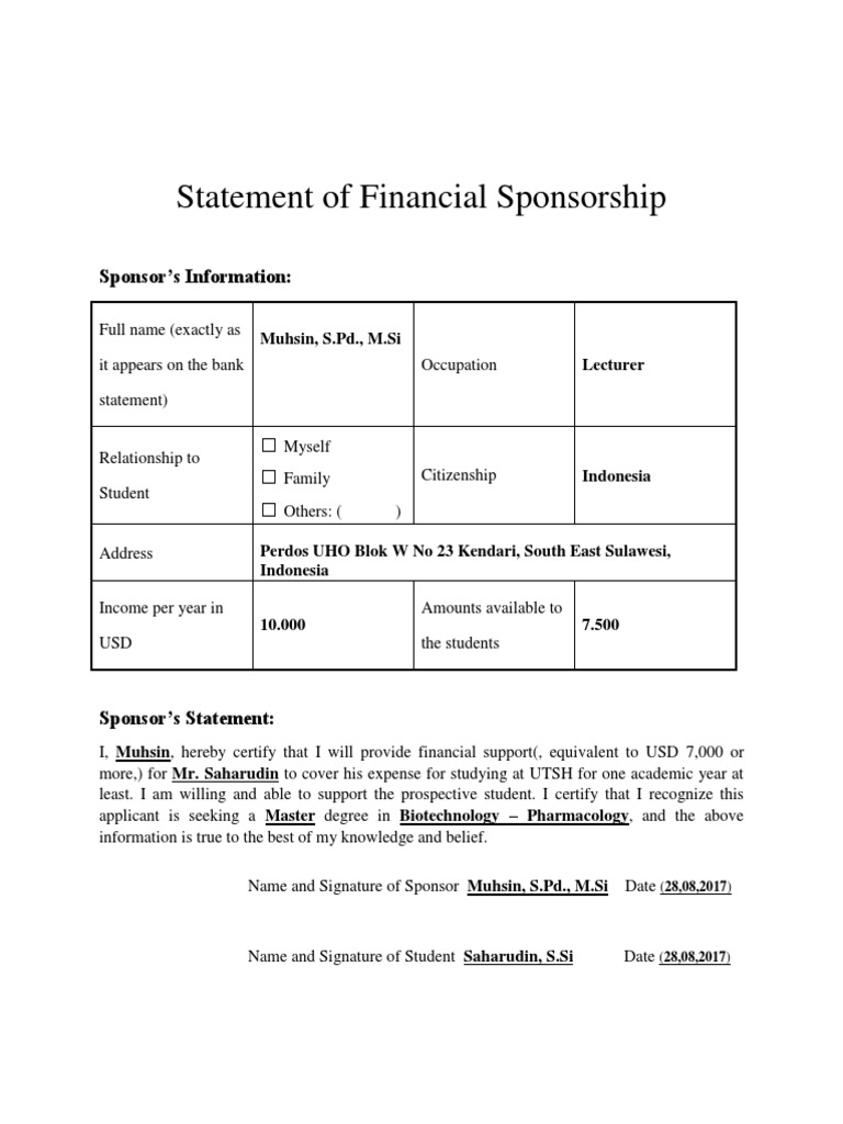 Financial Sponsorship Statement Template | PDF