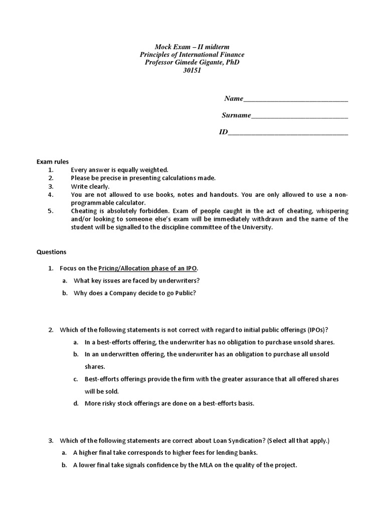 Mock - Exam - II Midterm - WITH SOLUTIONS PDF | PDF | Initial Public Offering | Underwriting