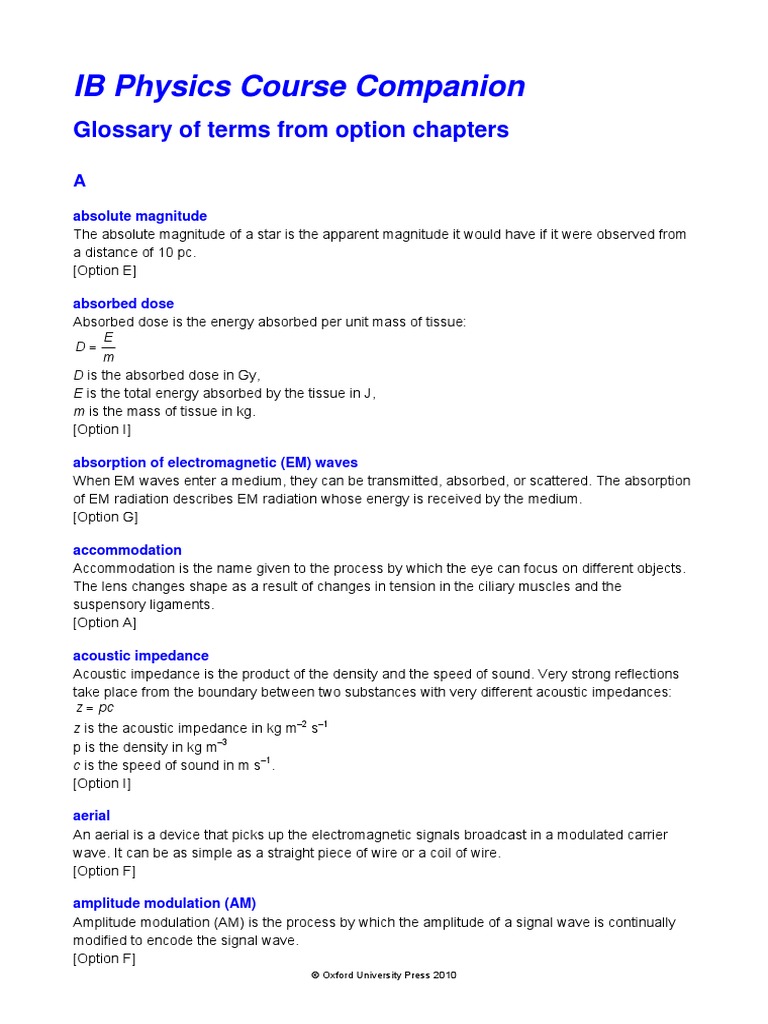 IB Physics Course Companion: Glossary of Terms From Option Chapters ...