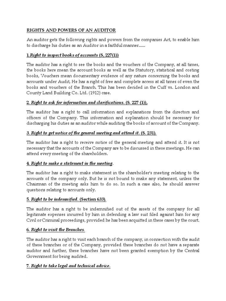 Rights and Powers of An Auditor | PDF | Auditor's Report | Accountant