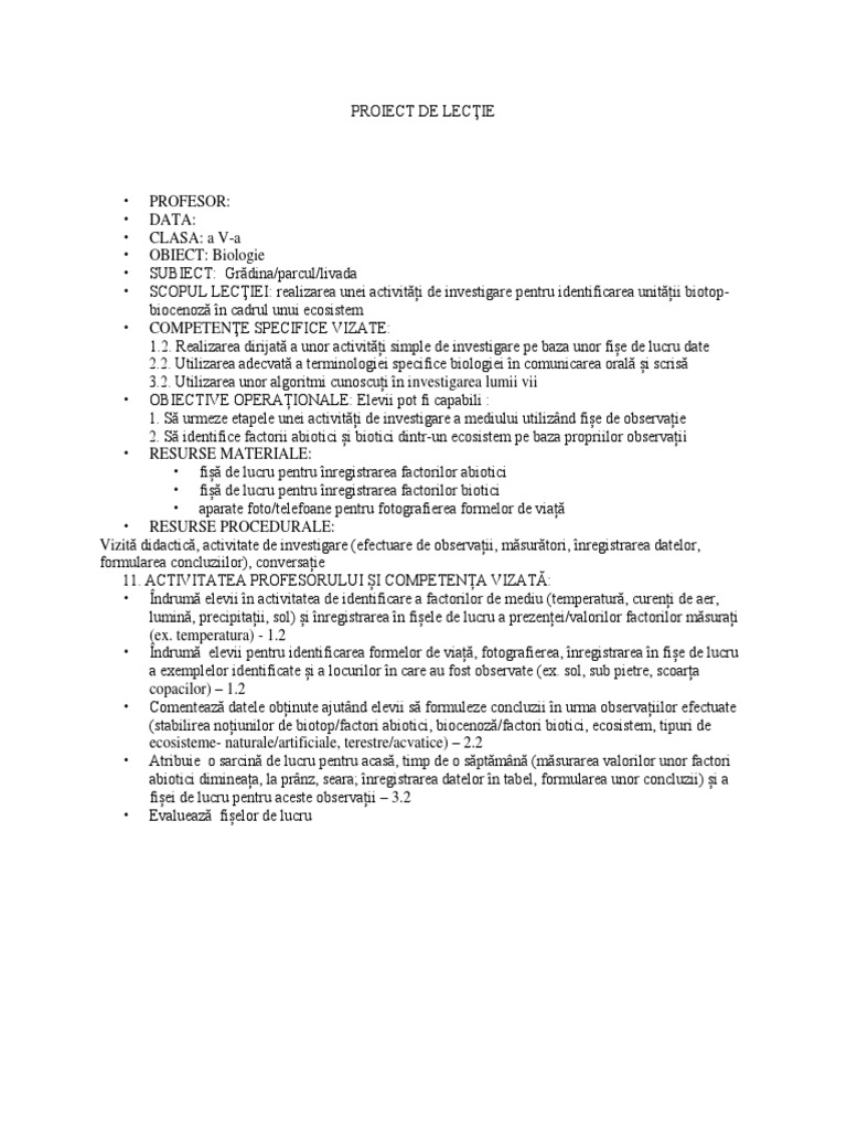 Plan de Lectie - Gradina - Livada - Parcul | PDF