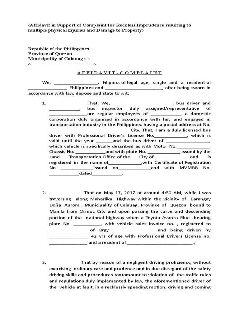 Complaint Affidavit Sample Scribd | PDF | Driver's License | Transport