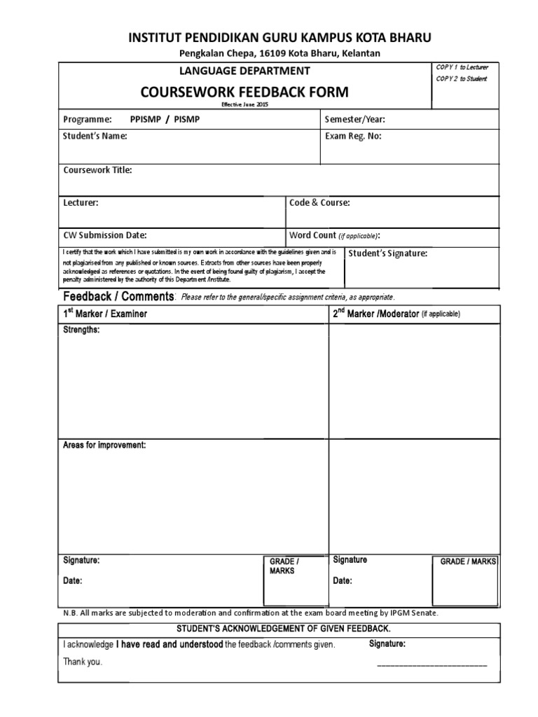 Coursework Feedback Form: Institut Pendidikan Guru Kampus Kota Bharu | PDF | Plagiarism ...