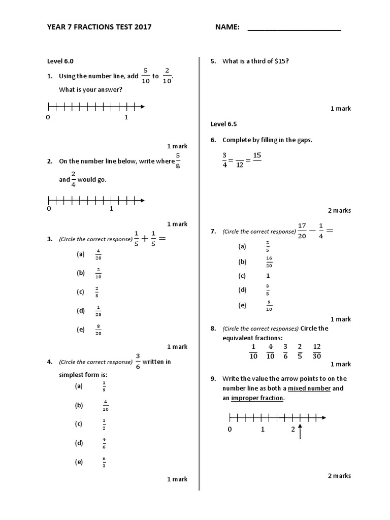 3 1 Yr 7 Fractions Test | PDF | Fraction (Mathematics) | Mathematical ...