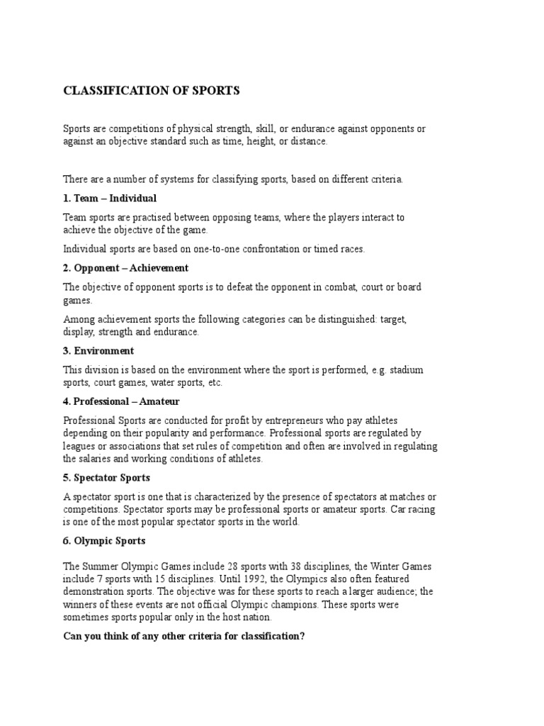 Sports Classification Overview | PDF