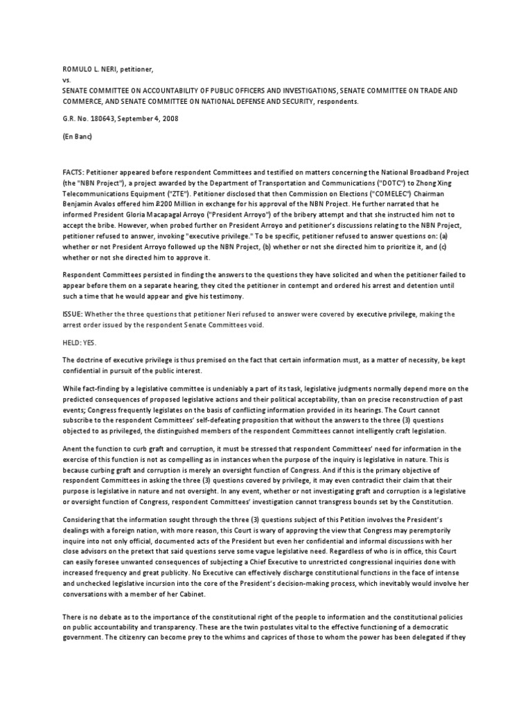 Romulo V Neri | PDF | Executive Privilege | United States Congress