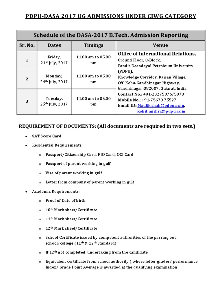 Pdpu-Dasa 2017 Ug Admission Under Ciwg Category | PDF | Fee | Academic Term
