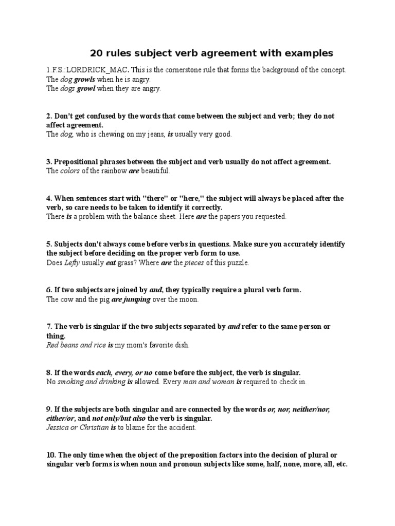 20 Rules Subject Verb Agreement With Examples | Download Free PDF ...