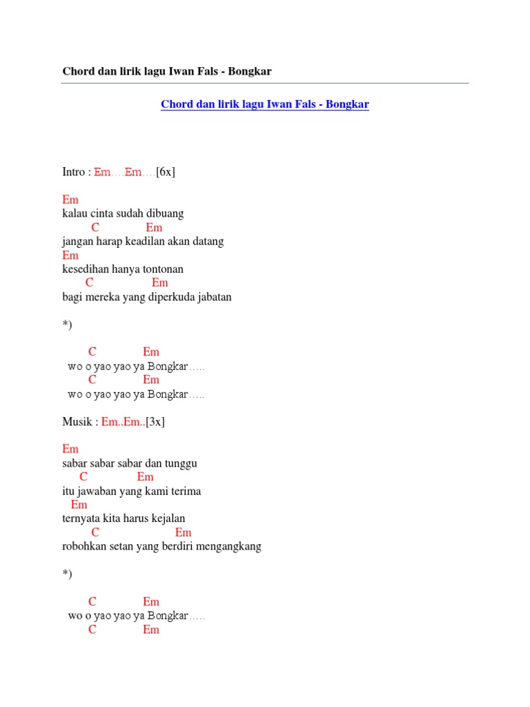 Chord Dan Lirik Lagu Iwan Fals - Bongkar | PDF
